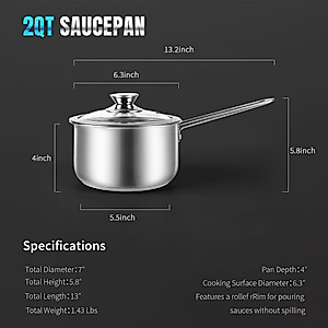 AuFranc® 2 Quart Tri-ply Stainless Steel Saucepan with Glass Lid, Induction Sauce Pan Compatible with All Cooktops, Non-Toxic Sauce Pot with Stay Cool Handle, Oven & Dishwasher Safe (Silver)
