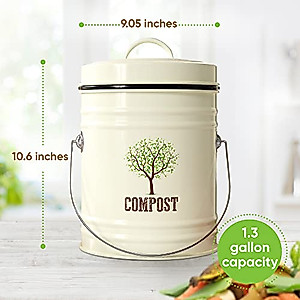 Third Rock - 1.3 Gallon Farmhouse Kitchen Compost Bin - Beige - with 3 Years Supply of Charcoal Filter Replacements