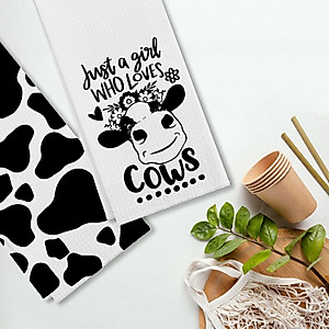 Just a Girl Who Loves Cows Kitchen Towels & Tea Towels, Dish Cloth Flour Sack Hand Towel for Farmhouse Kitchen Decor,24 X 16 Inches Cotton Modern Dish Towels Dishcloths Set of 2,Cow Lovers Girls Gift