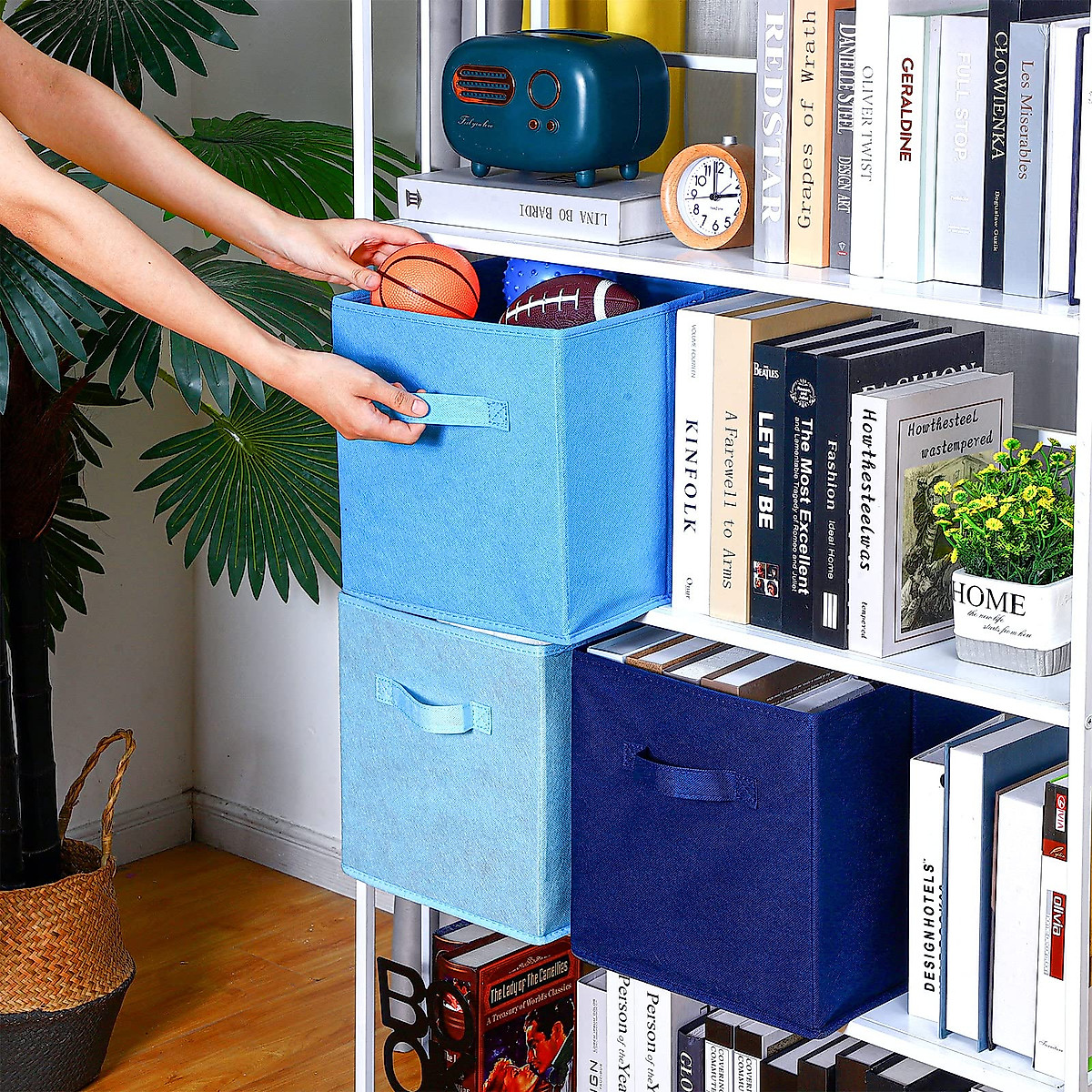 Karenhi 6 Pcs 11 x 10.5 x 10.5 Inch Fabric Storage Bins Toy Storage Cubes Organizer with Handles Foldable Shelf Cube Baskets for Home Kids Room Closet Cubby Toy Cloth(Blue)