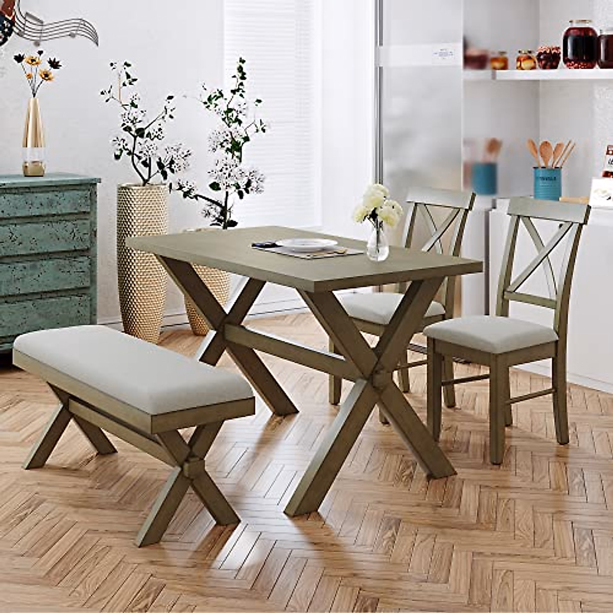 Harper & Bright Designs 4-Piece Wood Dining Table Set, Farmhouse Rustic Kitchen Dining Table with 2 Upholstered X-Back Chairs and Bench, Gray Green