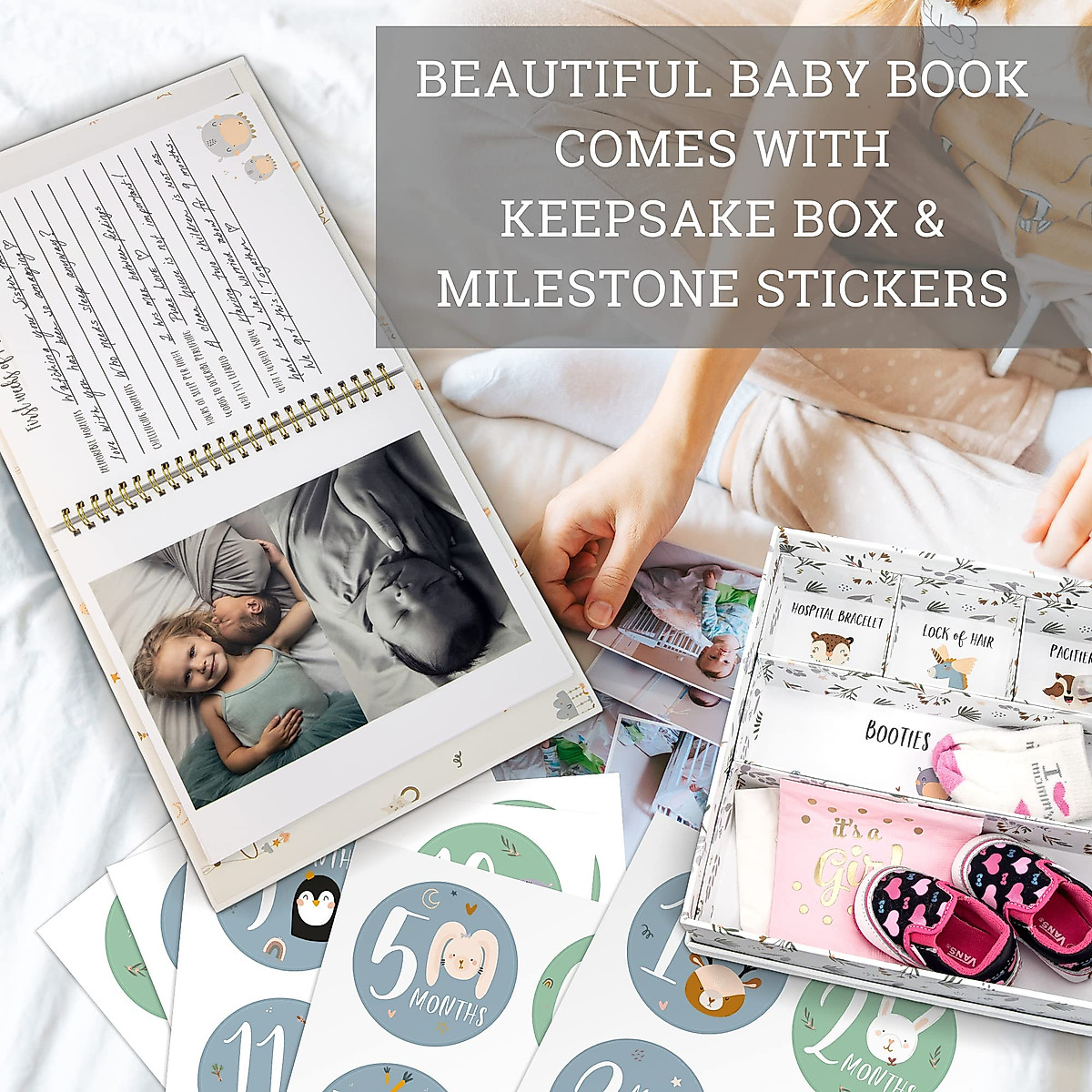 ZICOTO Keepsake Baby Memory Book - 100-Page Scrapbook with 5 Small Boxes for Precious Memories and Milestones from Pre-Birth to 1st Birthday
