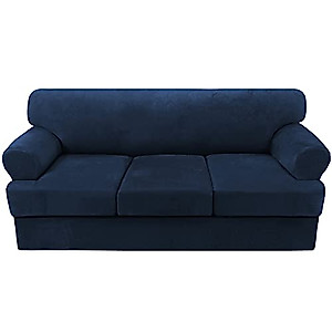 H.VERSAILTEX Sofa Cover 4 Piece T Cushion Sofa Slipcovers Thick Velvet Couch Cover Furniture Protector Stretch T Cushion Sofa Covers for 3 Cushion Couch with 3 Individual T Cushion Covers, Navy