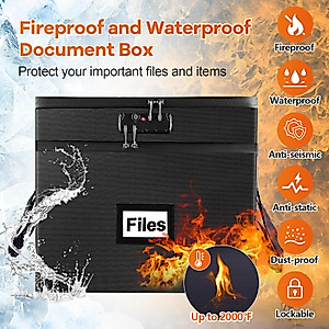 File Box with Lock, 2 Layers Fireproof Document Box, Waterproof Portable File Storage Organizer, 36 Pockets Fire Resistant File Box Organizer,Adjustable Handle for Hanging Letter/Legal Folder