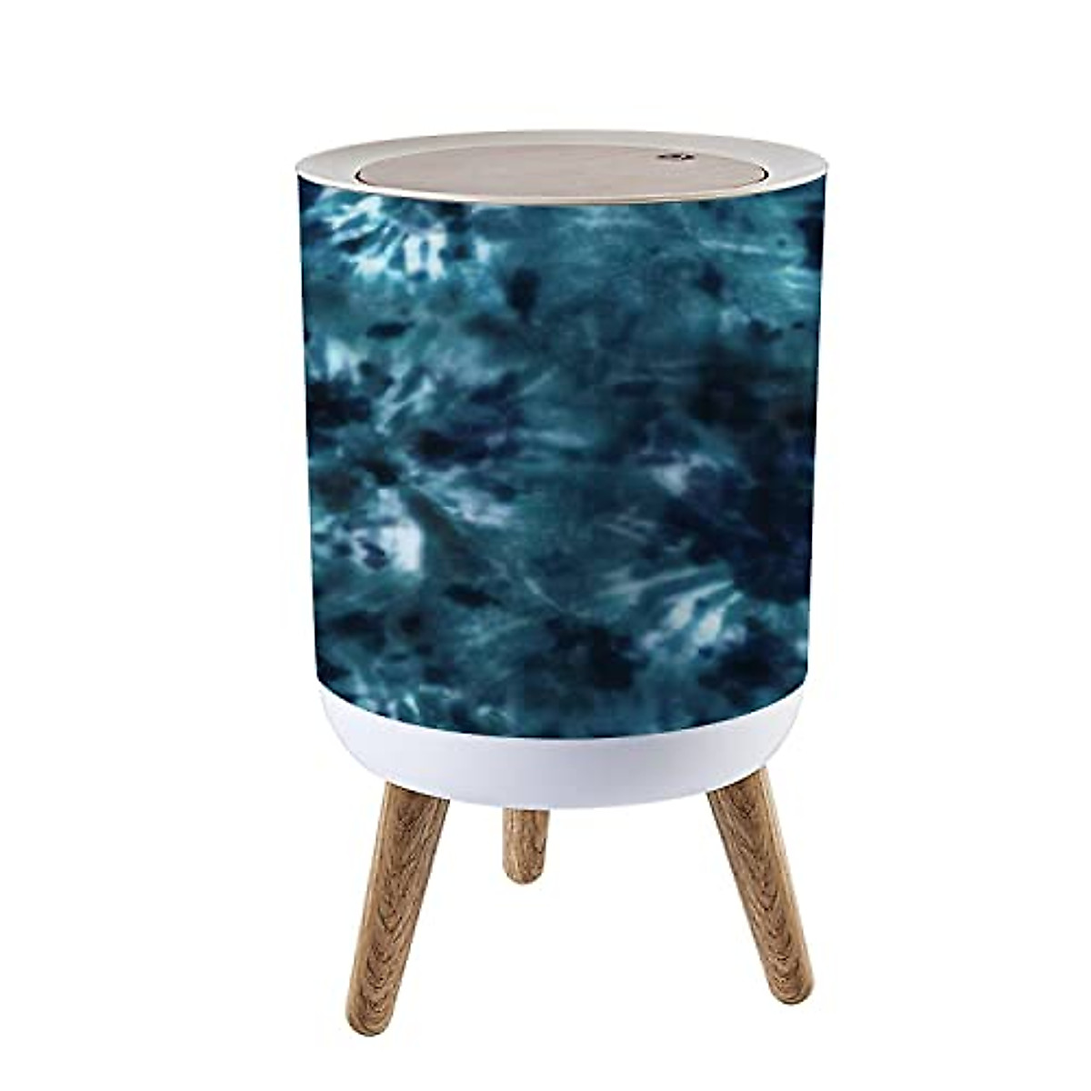 Small Trash Can with Lid Tie dye shibori seamless Watercolor hand painted dark indigo blue navy Garbage Bin Wood Waste Bin Press Cover Round Wastebasket for Bathroom Bedroom Diaper Office Kitchen