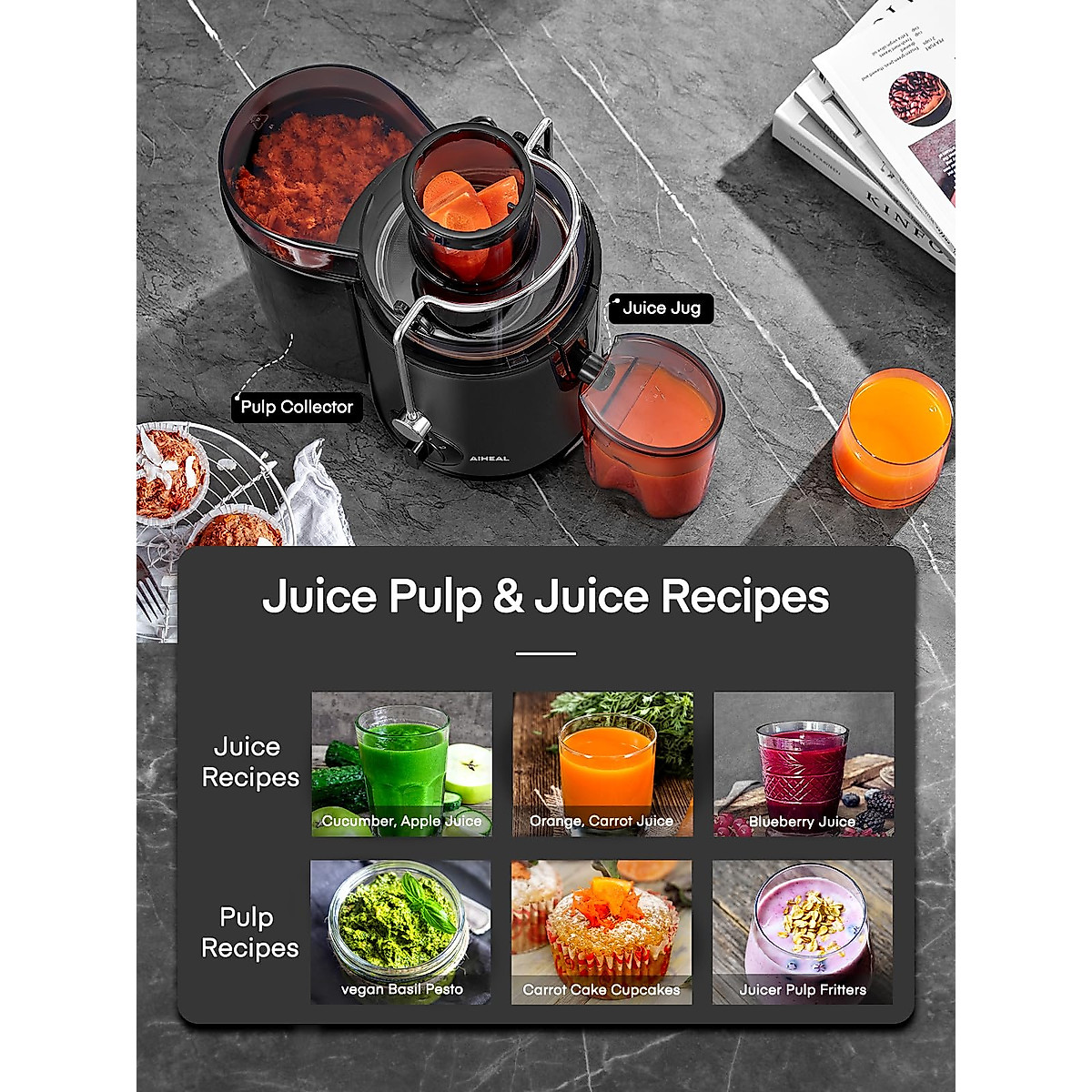Juicer Machines, Aiheal Juicer Vegetable and Fruit Easy to Clean, Centrifugal Juicer with 3” Wide Mouth, 3 Speed Control, Overload Protection System, Cleaning Brush and Recipe Included, Black