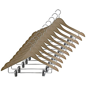 USTECH Bowed Shaped Eco-Friendly Clothes Hangers with Clips | Heavy Duty Wood Finish Hanger for Suits, Pants, and Skirts | Closet Space Saver with Shoulder Notch for Strappy Dresses | Pack of 10