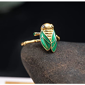 Helen de Lete Colorful Golden Cicada S925 Sterling Silver Adjustable Ring For Men and Women