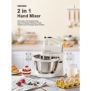2 in 1 Hand Mixers Kitchen Electric Stand mixer with bowl 3 Quart, electric mixer handheld for Everyday Use, Dough Hooks & Mixer Beaters for Frosting, Meringues & More (White-S)