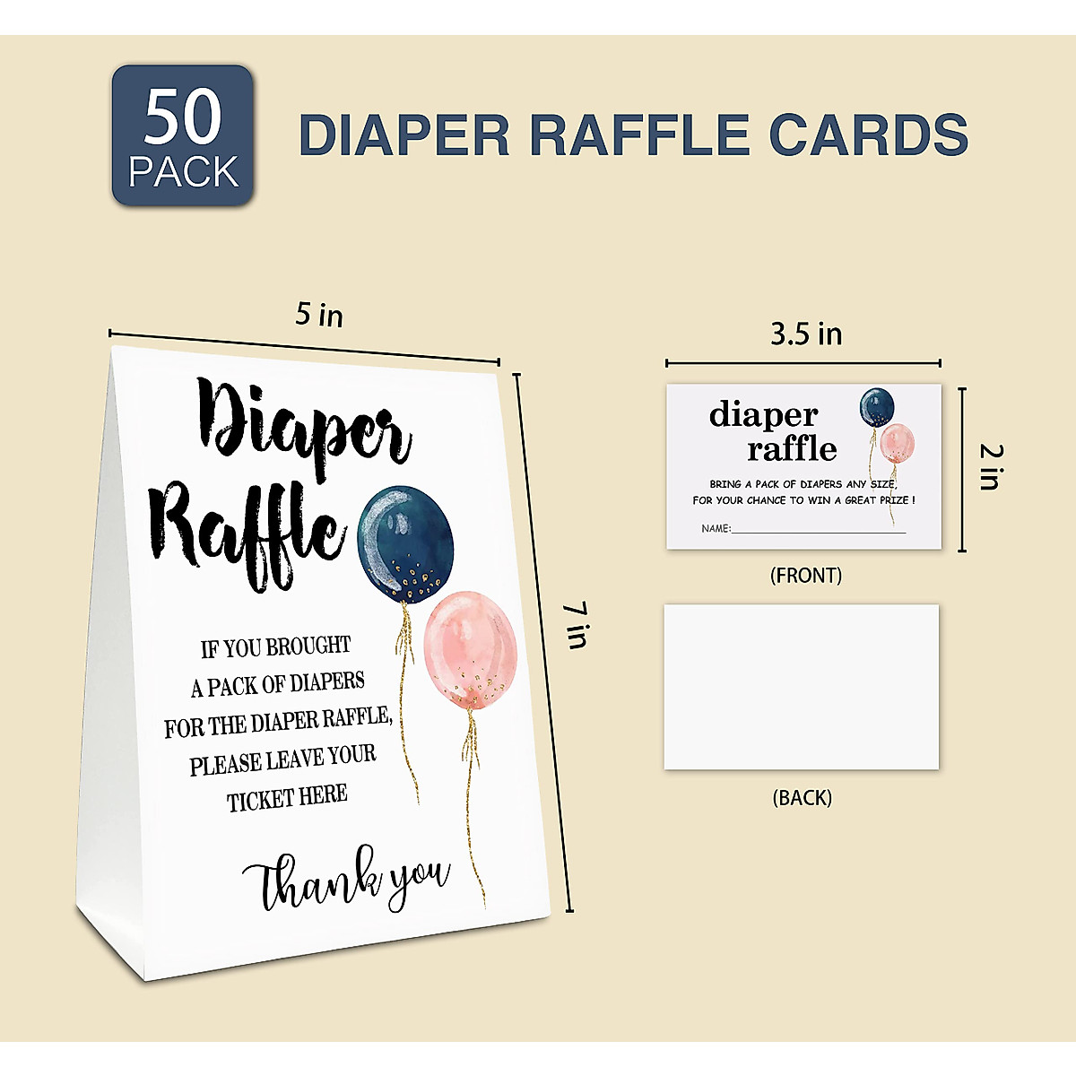Diaper Raffle Tickets For Baby Shower, Balloon Themed Cards, Party Favors For Baby Showers Game Cards, 1 Sign & 50 Cards Per Pack – (014-niaobu)