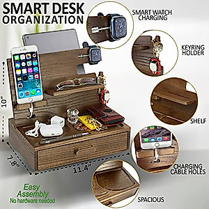 Kayjax Wood Phone Docking Station for Men & Women with Drawer -Mens Organizer Station -Docking Station for Dad -Husbands Anniversary & Birthday Gifts -Organizers for Watch, Wallet, Keys, Cellphone