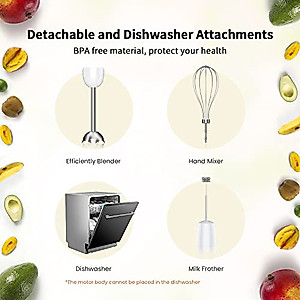 healthomse 3-In-1 Immersion Blender 800W 12-Speed Stainless Steel Hand Blender with Milk Frother, Egg Whisk, BPA-Free Materials for Soup, Smoothie, Baby Food (White)