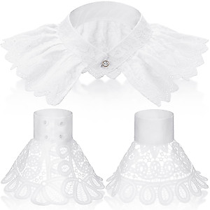 3 Pieces Lace Collar and Cuff Set Halloween Costume Detachable Ruffle Dickey Collar Fake Pleated Blouse Collar Floral Lace Wrist Cuff False Sleeves for Women Dress Cosplay