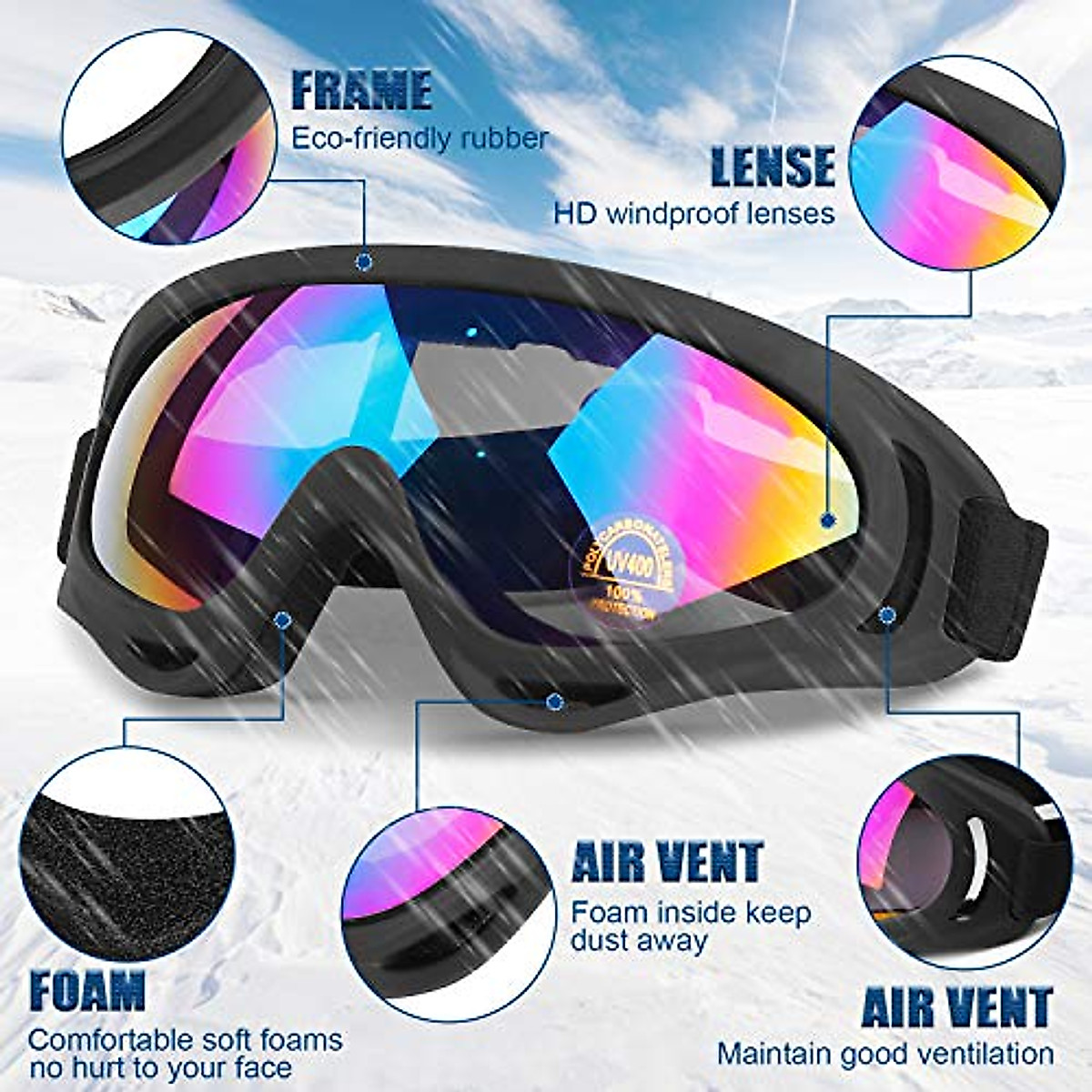 Dapaser 4 Pack Ski Goggles, Snowboard Goggles for Adults Men Women Youth Kids Boys Girls, Soft Motorcycle Atv Winter Sport Goggles with Anti Fog Glare UV 400 Protection, Wind Resistance Snow Goggles…