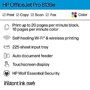 HP OfficeJet Pro 8139e Wireless All-in-One Color Inkjet Printer, Print, scan, Copy, fax, ADF, Duplex Printing Best-for-Home Office, 1 Year of Instant Ink Included