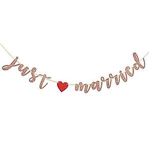 KakaSwa Just Married Banner, Wedding Party / Birdal Shower / Engagement Party Decorations, Hanging Banner for Wedding Party, Theme Party Supplies - Rose Gold