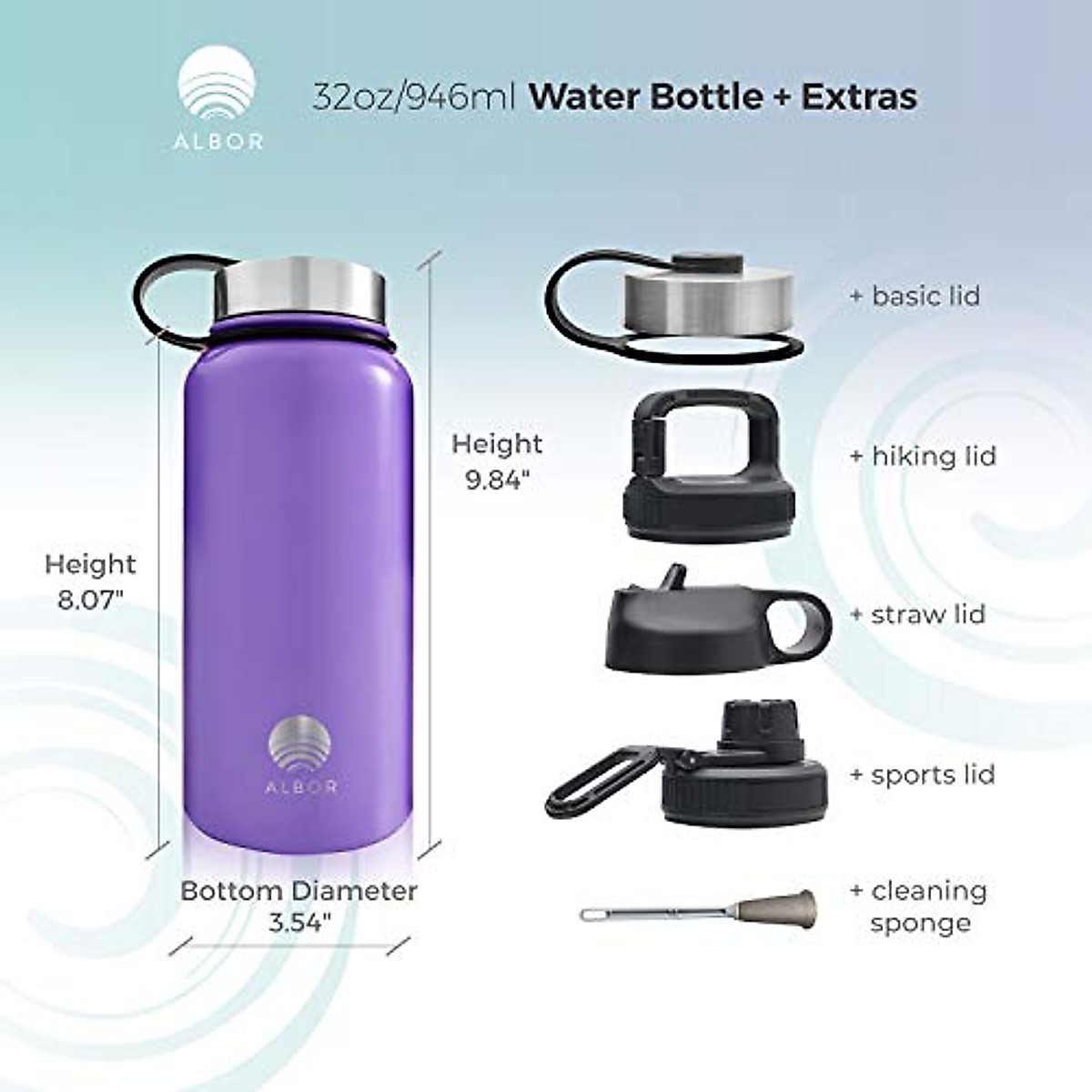 ALBOR Insulated Water Bottle with Straw, 32 Oz - 100% Leak-Proof with 4 Lids (2 Straw Lids) - Triple Insulated Stainless Steel Water Bottles, Reusable Water Bottle, Lilac