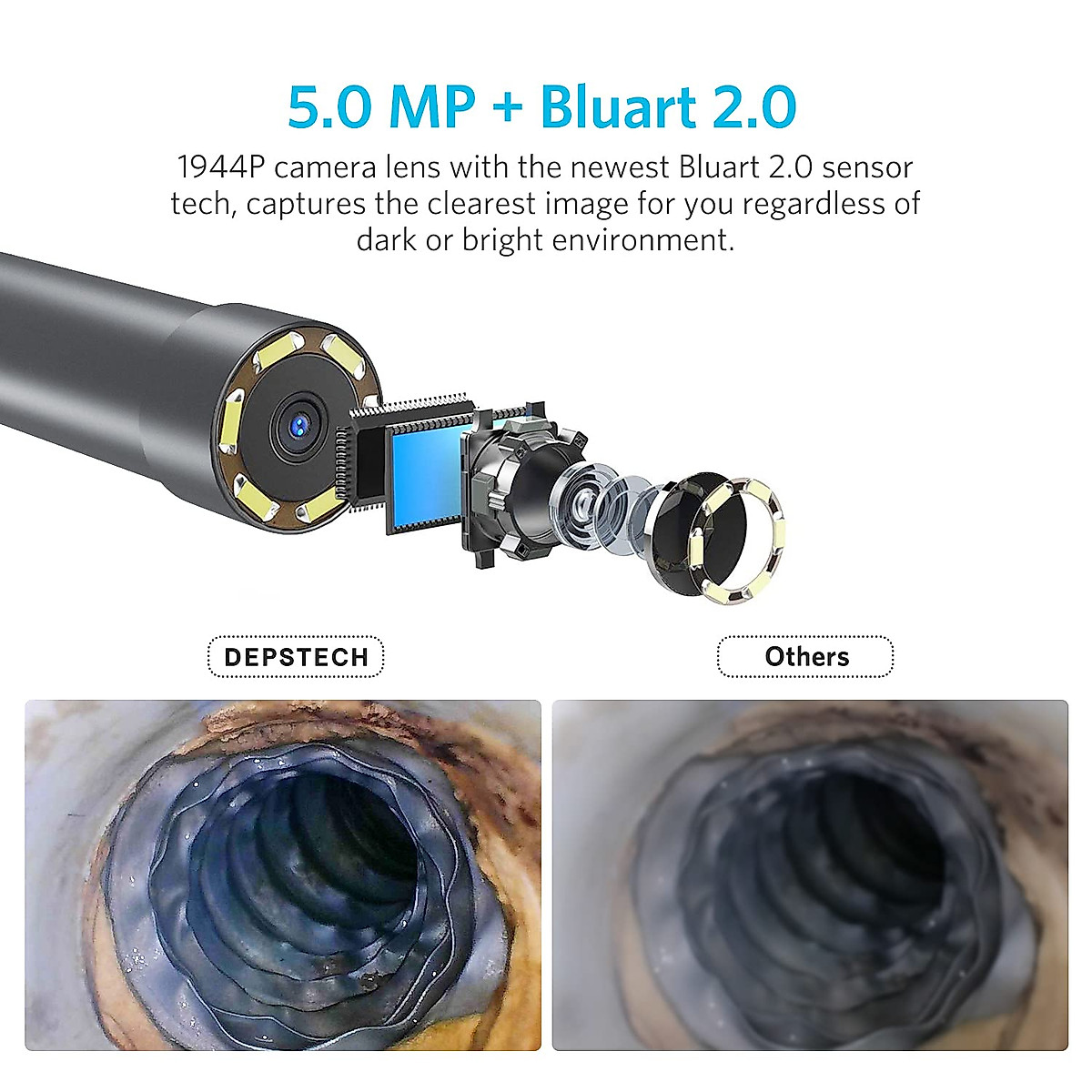 Wireless Endoscope, DEPSTECH Upgrade 5.0MP HD Inspection Camera, Scope Camera with Light,16 inch Focal Distance,16.5FT Semi-Rigid Snake Waterproof Borescope,2200mAh Battery for iPhone & Android-Yellow