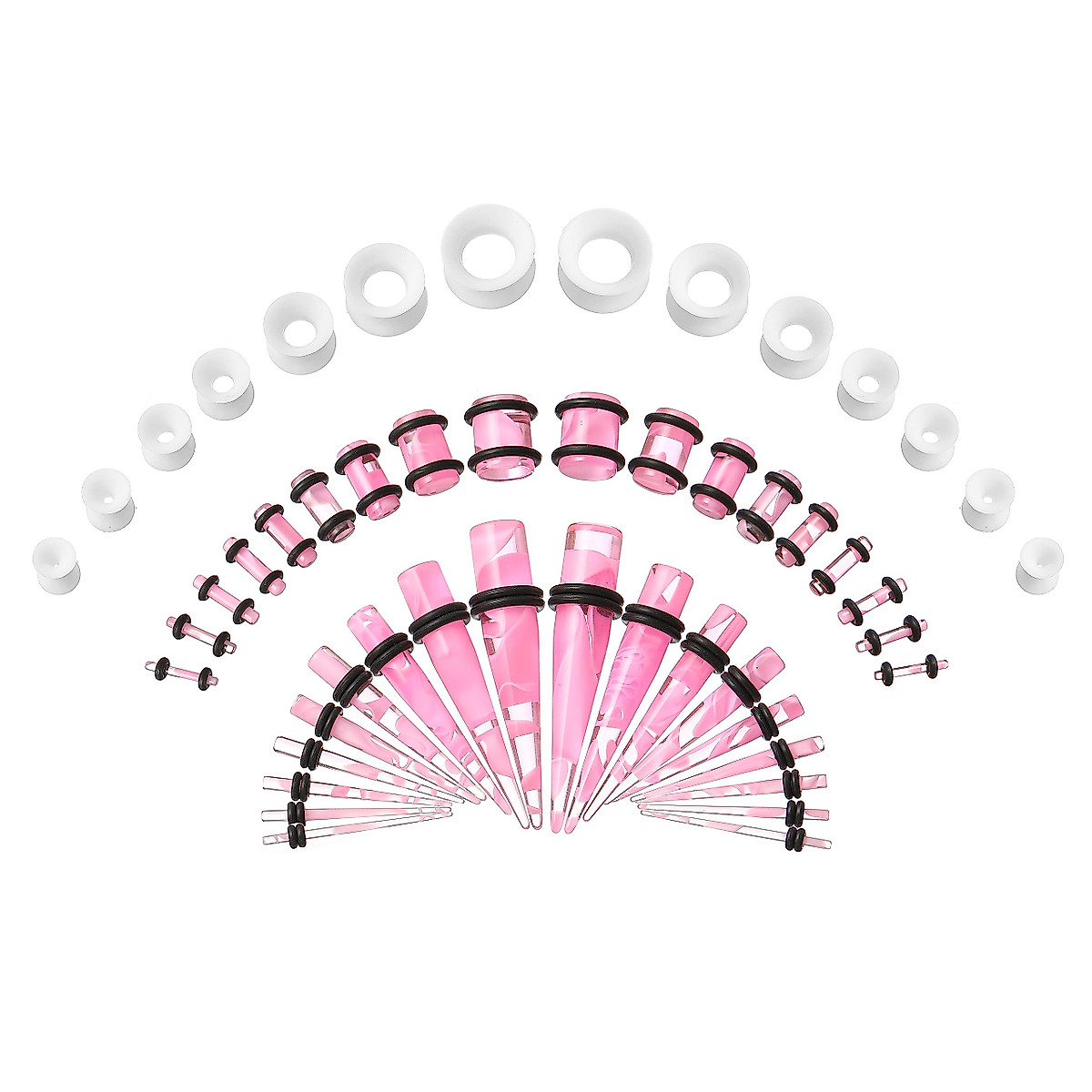 Memsion Ear Stretching Kit 50 Pieces Earrings 14Gauges-00Gauges Earrings Acrylic Tapers Plugs Silicone Tunnels Ear Gauges Expander Set Body Piercing kit Piercing Jewelry Marble Pink Color