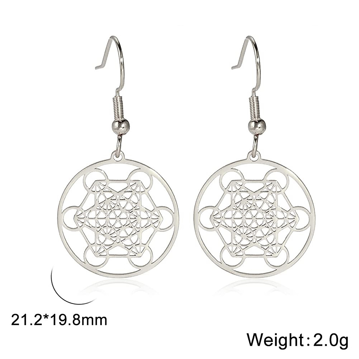 Metatron's Cube Earrings For Women Stainless Steel Sacred Geometry Flower Of Life Earrings Geometric Charm Hexagram Earrings Bohemian Style Jewelry (silver)