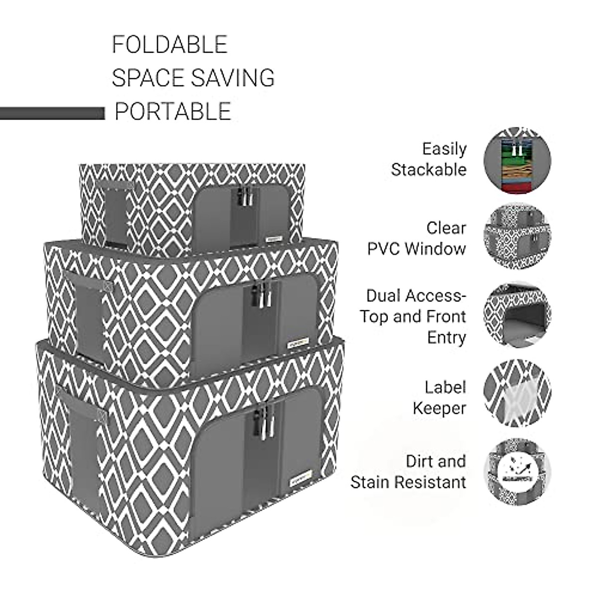 OrganizeME 3 Pack Stackable Clothes Storage Bin Metal Frame Collapsible Storage Box Foldable Bin For Blankets Cloths Comforters Closet Organiser Sturdy Handle Design with Clear Window (Graphite Grey)