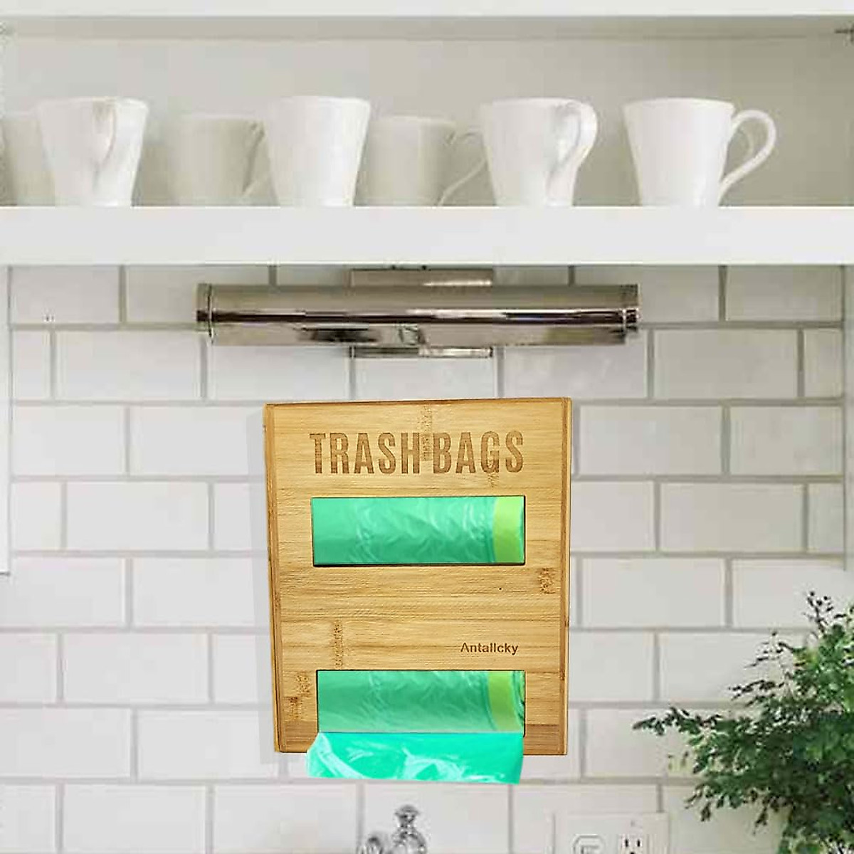 Antallcky Bamboo Trash Bag Dispenser Roll Holder 13 Gallon 2 Rooms,Garbage Bag Storage Dispenser Organizer Wall Mount or Under Sink for 2 Rolls of Plastic Bags(Up to About 160 Bags)