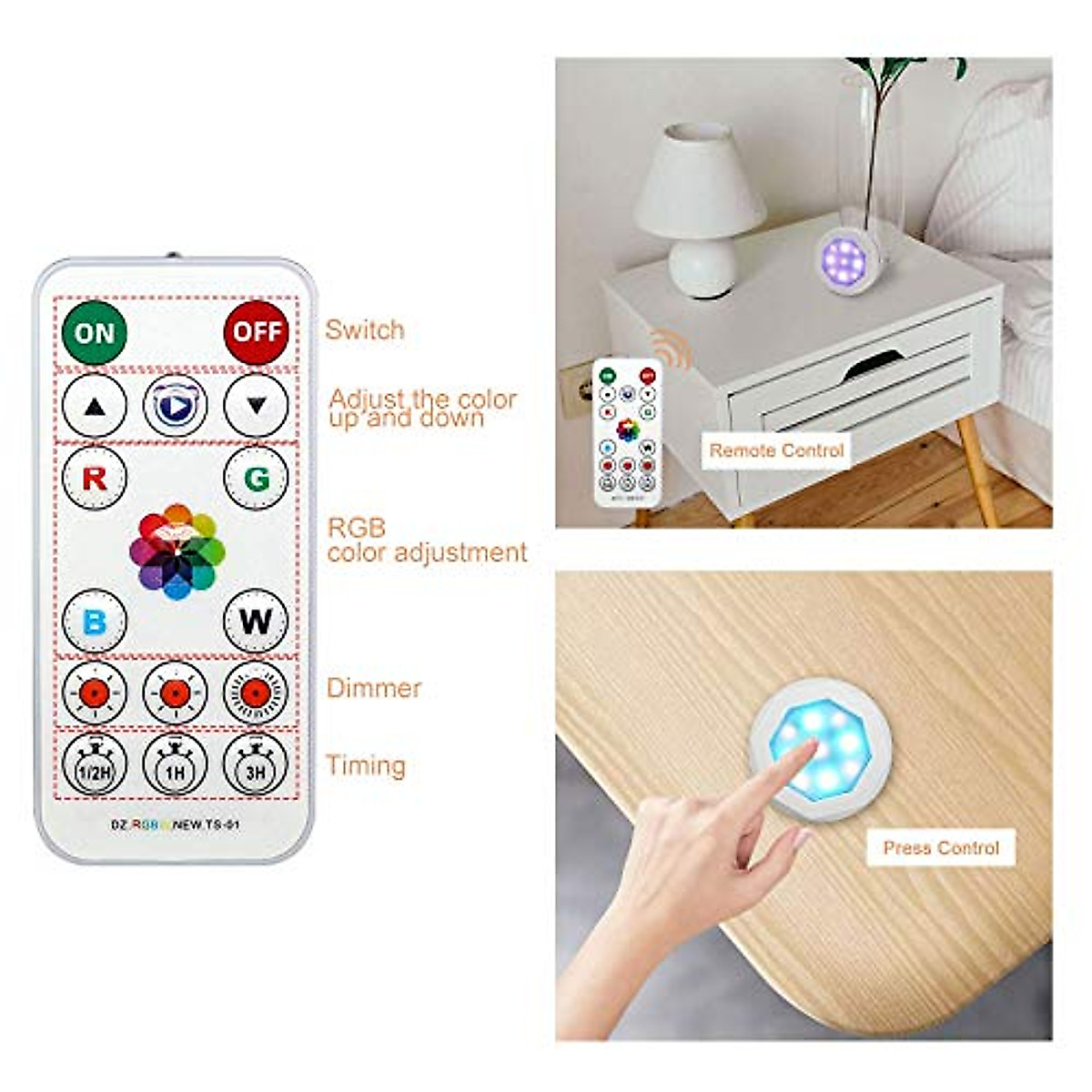 UYICOO Under Cabinet Lights, Puck Lights with Remote Battery Closet Lights Wireless Color Changing Dimmable Lighting, 3500K Led Stick on Lights with Timing, Under Counter Lights for Display Cabinet