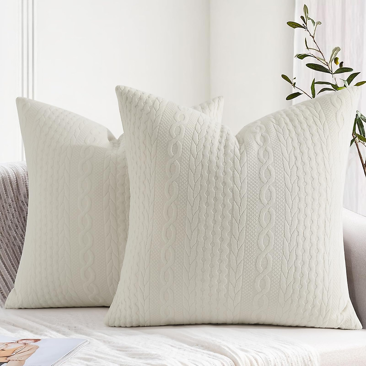 Cikary Decorative Throw Pillow Covers 18x18 Set of 2 for Sofa Bed with Raised Twisted Rope Pattern, Stretchy Embossed Couch Pillow Covers, Beige