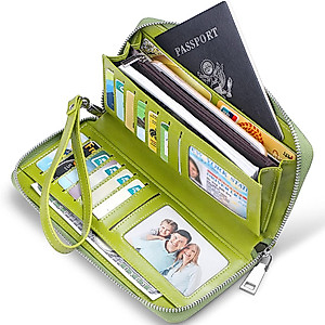 JEEBURYEE Women's RFID Blocking Large Capacity Luxury Oil Wax Genuine Leather Zip Around Wristlet Wallet Clutch Multi Card Holder Ladies Purse Green