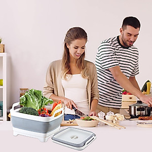 KEPPIER Dishpan, 9L Collapsible Washing Basin (Gray, PP, TPR), Portable Dish Tub with Drain Plug, Space-Saving Drying Rack for Kitchen, Camping, Laundry use