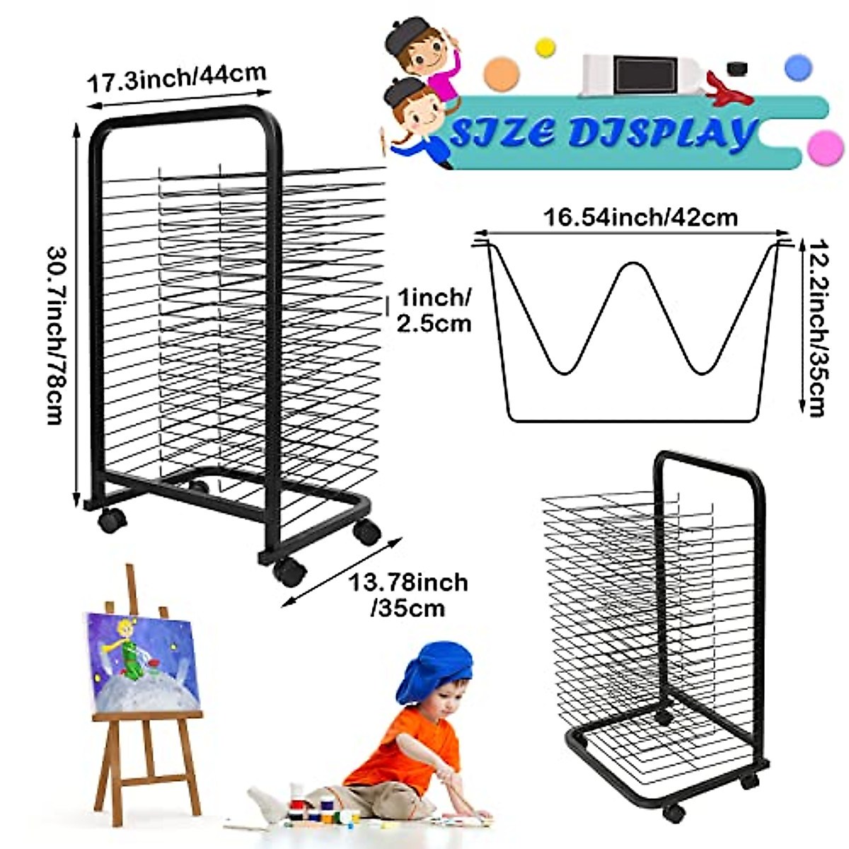 Wire Art Drying Rack Flexible Shelves Mobile Cart for Painting Craft Artwork Canvas Storage, Stackable Metal Stainless Steel Art Rack Power Coated for Classroom, Art Club(20 Shelves)