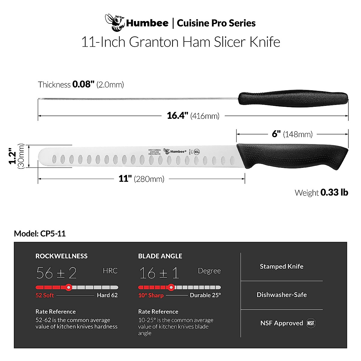 HUMBEE Chef 11-Inch Carving Knife with Granton Edge for Turkey Ham Meat Slicing and cutting NSF Certified CP5-11 Black