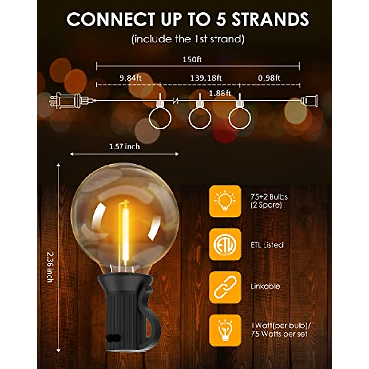 Outdoor String Lights, 150Ft G40 Globe LED Outdoor Lights for Patio with 52 Shatterproof Bulbs(2 Spare), String Lights for Outside, Cafe, Porch, Backyard, Market