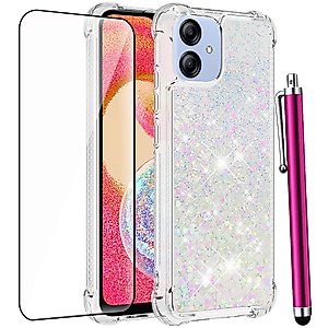 CAIYUNL for Samsung Galaxy A04E Phone Case with Screen Protector, Women Girls Glitter Bling Floating Liquid Cute Soft TPU Silicone Shockproof Protective Cover for Samsung Galaxy A04E Case -Sliver Pink