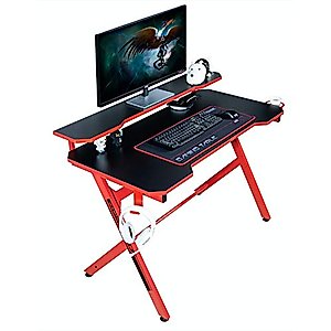 JJS 48" Home Office Gaming Computer Desk with Removable Monitor Stand, R Shaped Large Gamer Workstation PC Table with Cup Holder Headphone Hook Speaker Storage Free Mouse pad, Black/Red