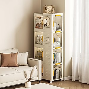 Runboll Storage Bins with Lids, 4-Tier Large Mobile Multifunction Utility Rolling Storage with 4 Pegboards & 8 Hooks Freely Adjustable, Stackable Storage Bins with Wheels for Every Room