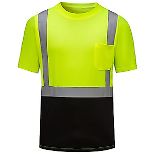 DPSAFETY High Visibility Shirts Quick Dry Safety T Shirts with Reflective Strips and Pocket Short Sleeve Mesh Hi Vis Construction Work Class 2 Shirt for Men/Women Black Bottom Lime,Medium
