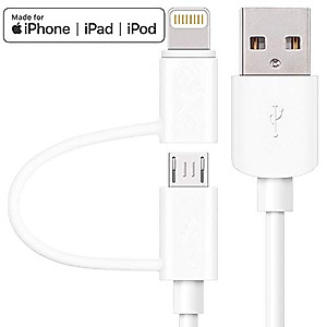 Apple MFi Certified 2 in 1 iPhone Charger Lightning Cable and Micro USB to USB Charger Cord, Compatible iPhone X, 8, 8 Plus,7 Plus, Android Data Cable 2 in 1 White(6FT)