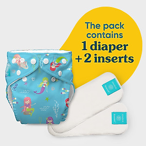 Charlie Banana Baby Washable and Reusable Cloth Diapers, 1 Soft Pocket Diapers and 2 Absorbent Inserts, One-Size, Mermaid Tiffany