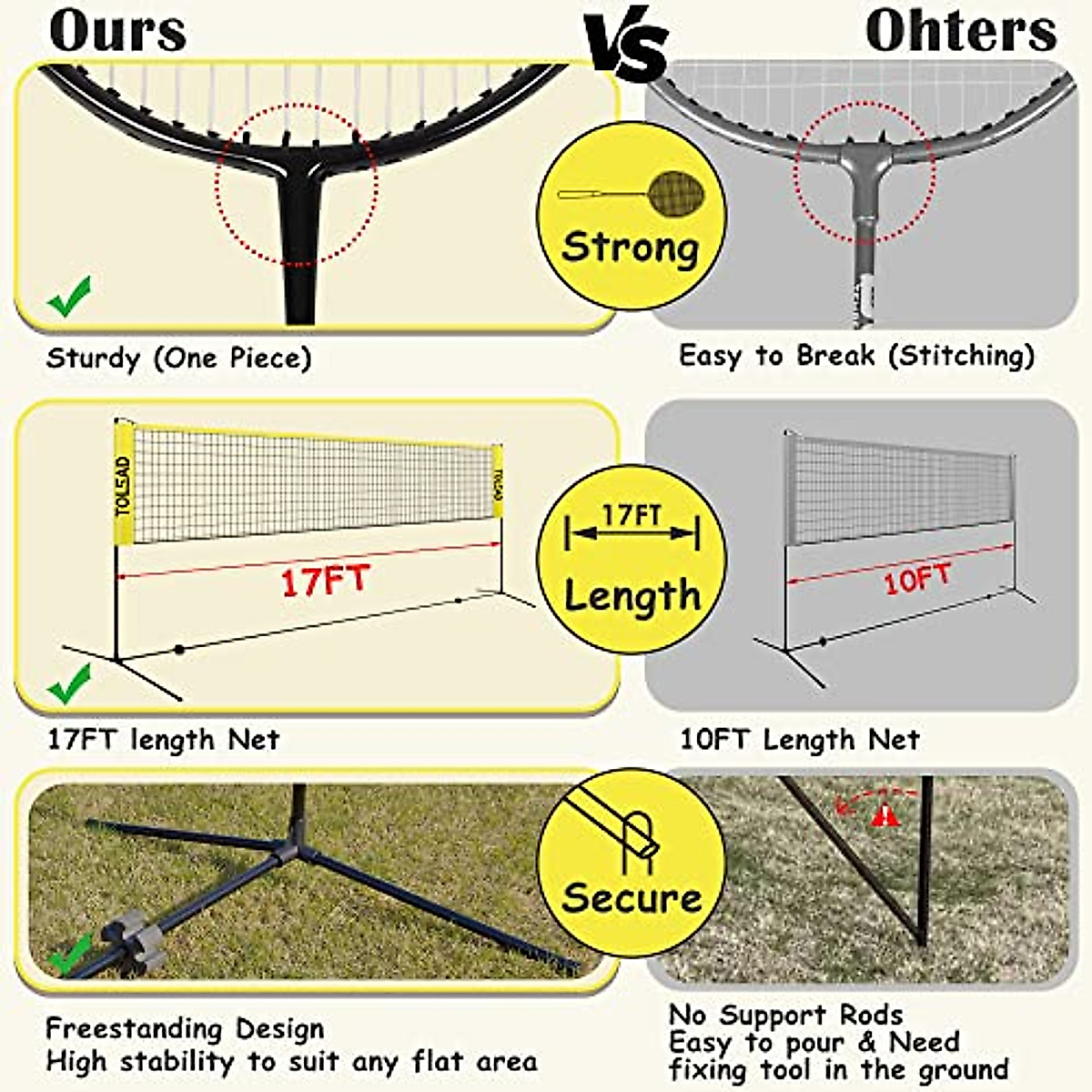 TOLEAD Badminton Pickleball Set with Net, 17ft x 3-5ft Height Adjustable Portable Kids' Volleyball Net for Backyard, Outdoor Sports Set All-in-One w/Volleyball Pickleball Paddles, Badminton Rackets