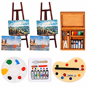 6 Pieces 1:12 Miniature Dollhouse Accessories Painting Tool Set Wooden Easel Dollhouse Furniture Decoration Miniature Palette Watercolor Box Easel Miniature Dollhouse Furniture Painting for Dolls