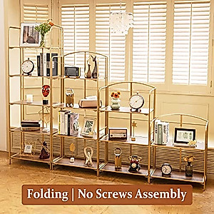 Crofy No Assembly Folding Bookshelf, 5 Tier Gold Bookshelf, Metal Book Shelf for Storage, Folding Bookcase for Office Organization and Storage, 12.87 D x 22.91 W x 68.1 H Inches