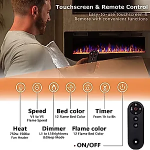 Vitesse 50 inch Ultra-Thin Electric Fireplace in-Wall Recessed and Wall Mounted Fireplace Heater,Linear Fireplace with Multicolor Flame,Timer,Low Noise,750/1500W,Touch Screen & Remote Control(50’’)