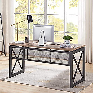 BON AUGURE Industrial Home Office Desks, Rustic Wood Computer Desk, Farmhouse Sturdy Metal Writing Desk (60 Inch, Vintage Oak)