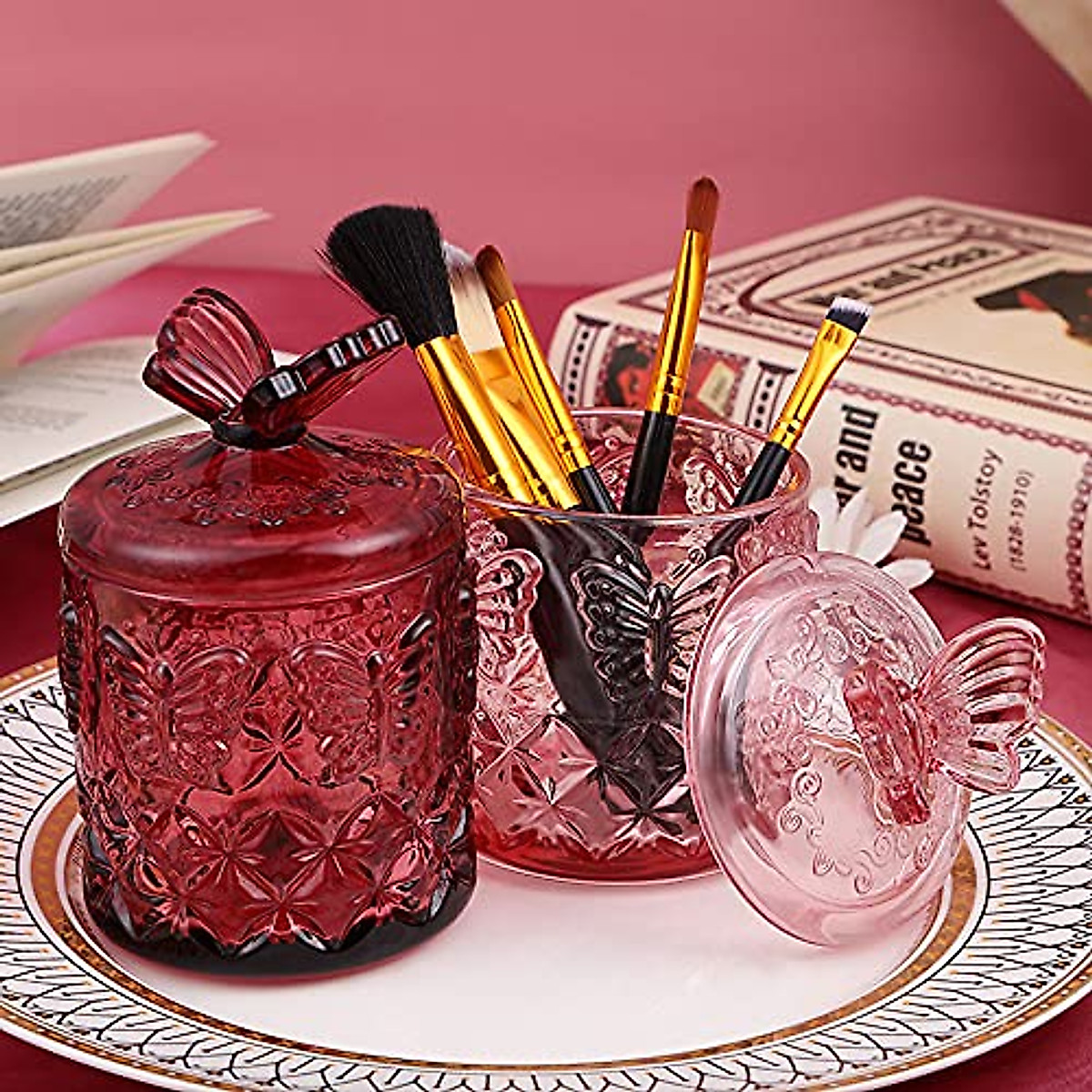 RockTrend Relief Butterfly Coloured Glass Storage Jar Candy Dish Swab Box with Lid