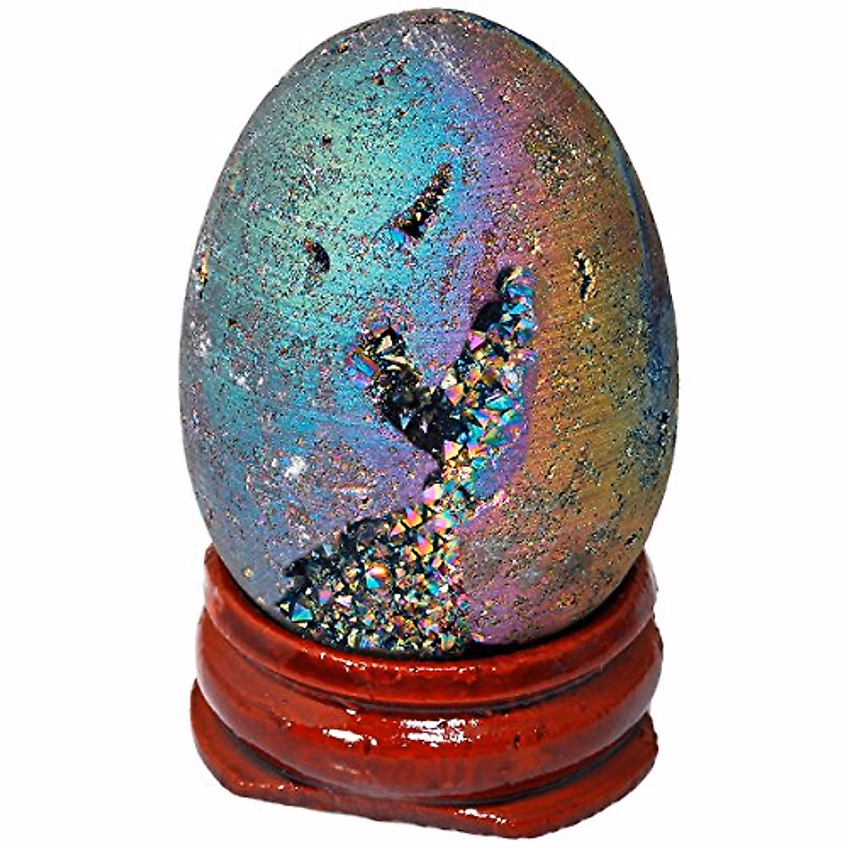 mookaitedecor Druzy Agate Geode Specimen, Rainbow Titanium Coated Quartz Crystal Egg Figurines with Wood Stand