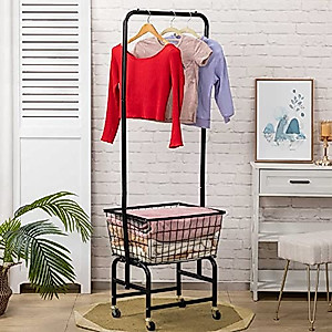 ALIMORDEN Laundry Cart with Clothes Rack, Rolling Laundry Butler with Wire Storage Rack，Black