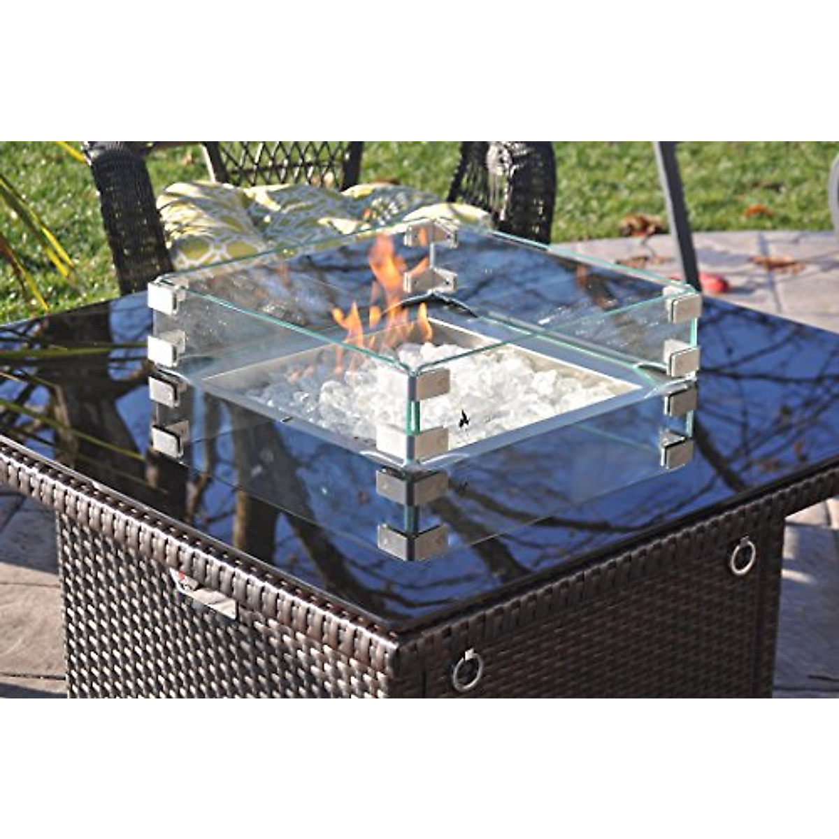 Outland Fire Table Tempered Glass Wind Guard Fence for 36-Inch Square Series 410 Outdoor Propane Fire Pit Tables, 17-Inch Square x 4.5-Inch Height – Thick 5/16-Inch Safety Barrier Clear