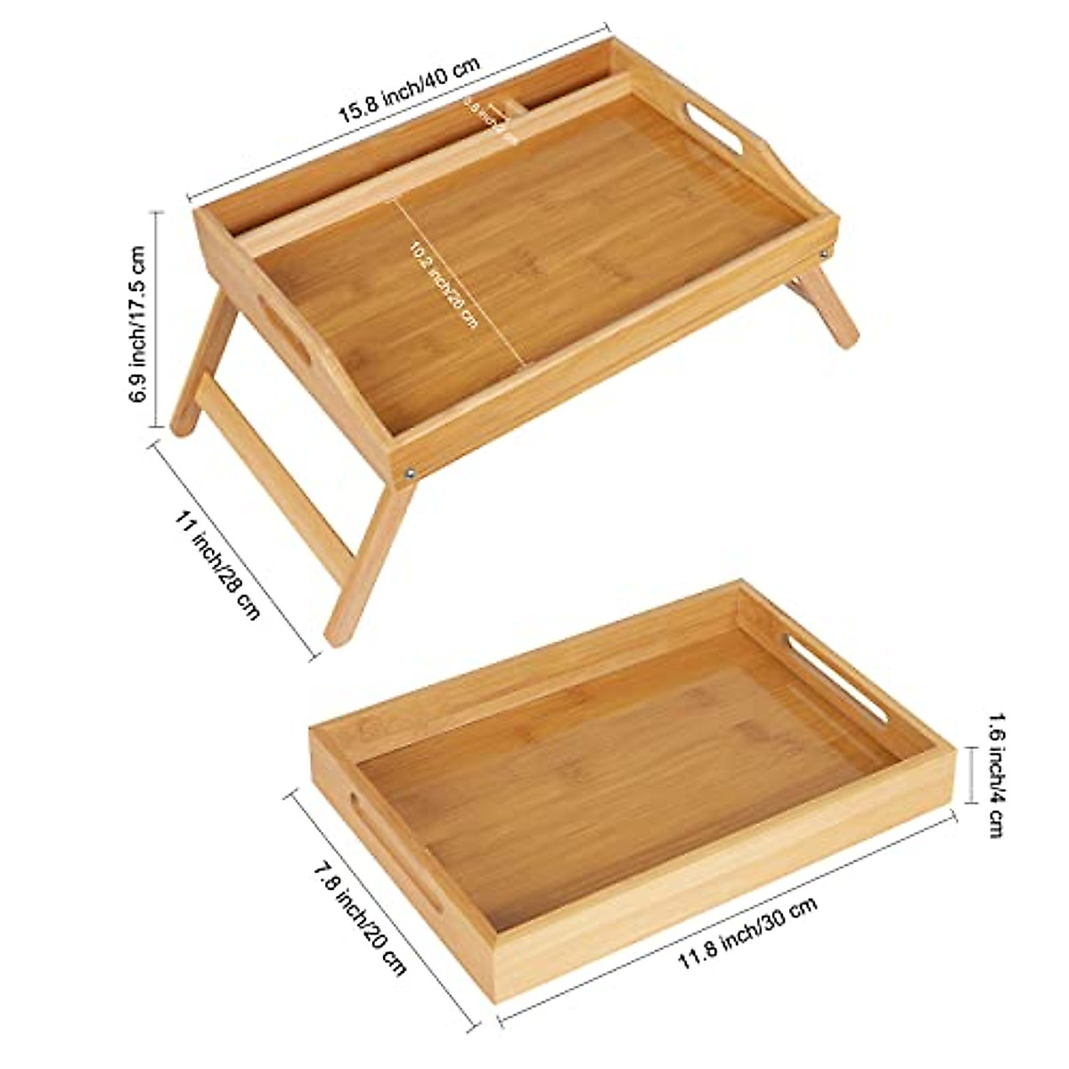 Aodaer 2 Pack Natural Bed Table Tray with Folding Legs Breakfast Food Tray with Phone Tablet Holder Portable Serving Platters Tray with Handles Food Tray for Bed, Kitchen, Eating, Working