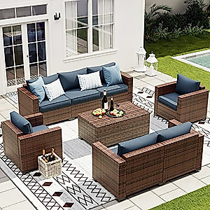 VONZOY Wide Armrest Outdoor Patio Furniture Set, 5 Piece Patio Sectional Sofa with Storage Table for Backyard, Porch, Balcony, Poolside(Navy Blue)